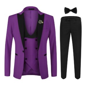 yffushi men's 3 piece suit slim fit one button prom suits set blazer vest trousers purple