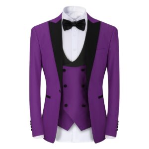 YFFUSHI Men's 3 Piece Suit Slim Fit One Button Prom Suits Set Blazer Vest Trousers Purple