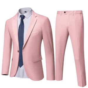 YND Men's Slim Fit 2 Piece Suit, One Button Jacket Pants Set with Tie, Solid Party Wedding Dress Blazer, Tux Trousers, Light Pink