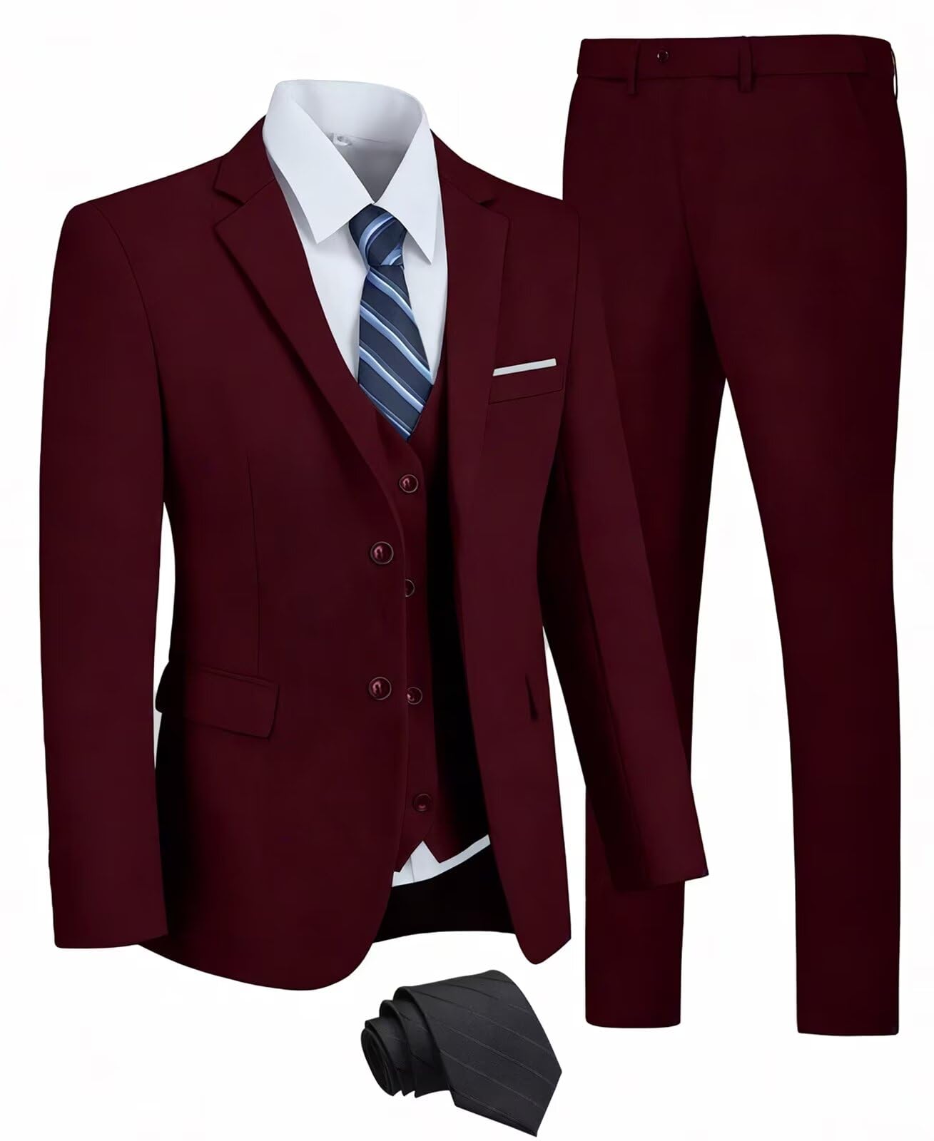 Mrkotyin Men Suits 3 Piece Suit Set Slim Fit, Dress Suits Set with 2 Button Tux Blazer Jacket Vest Pants for Party Wedding Business Burgundy-XXL