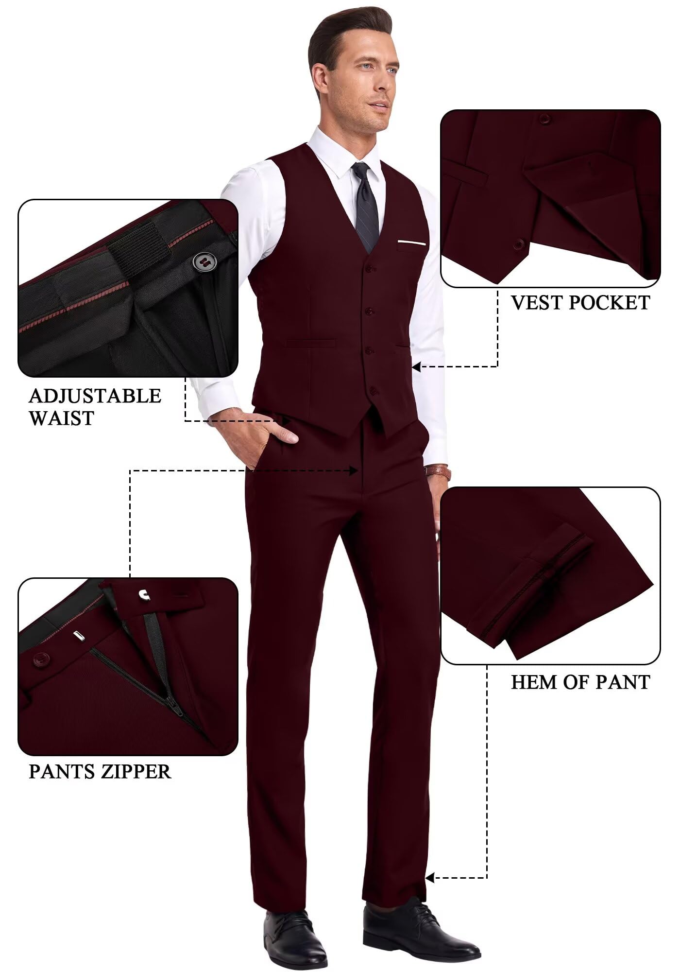 Mrkotyin Men Suits 3 Piece Suit Set Slim Fit, Dress Suits Set with 2 Button Tux Blazer Jacket Vest Pants for Party Wedding Business Burgundy-XXL