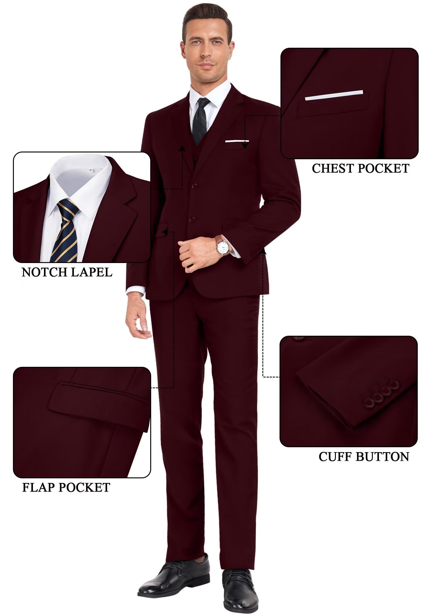 Mrkotyin Men Suits 3 Piece Suit Set Slim Fit, Dress Suits Set with 2 Button Tux Blazer Jacket Vest Pants for Party Wedding Business Burgundy-XXL