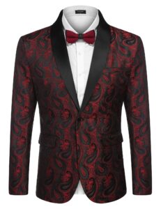 coofandy mens floral tuxedo jacket paisley shawl lapel suit blazer jacket for dinner,prom,wedding wine red