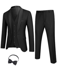 coofandy mens slim fit 3 piece one button business wedding prom suits blazer tux vest & trousers black x-large