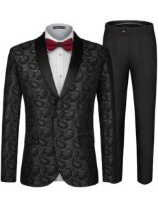 mage male men's 2 piece floral tuxedo suit paisley shawl lapel one button slim fit single breasted suit jacket pants set black