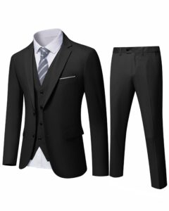 ynd men's slim fit 2 button 3 piece suit set, blazer jacket vest pants and tie, solid wedding dress tux and trousers black