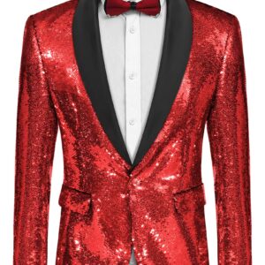 COOFANDY Shiny Sequins Suit Jacket Blazer One Button Tuxedo Christmas Nightclub Red