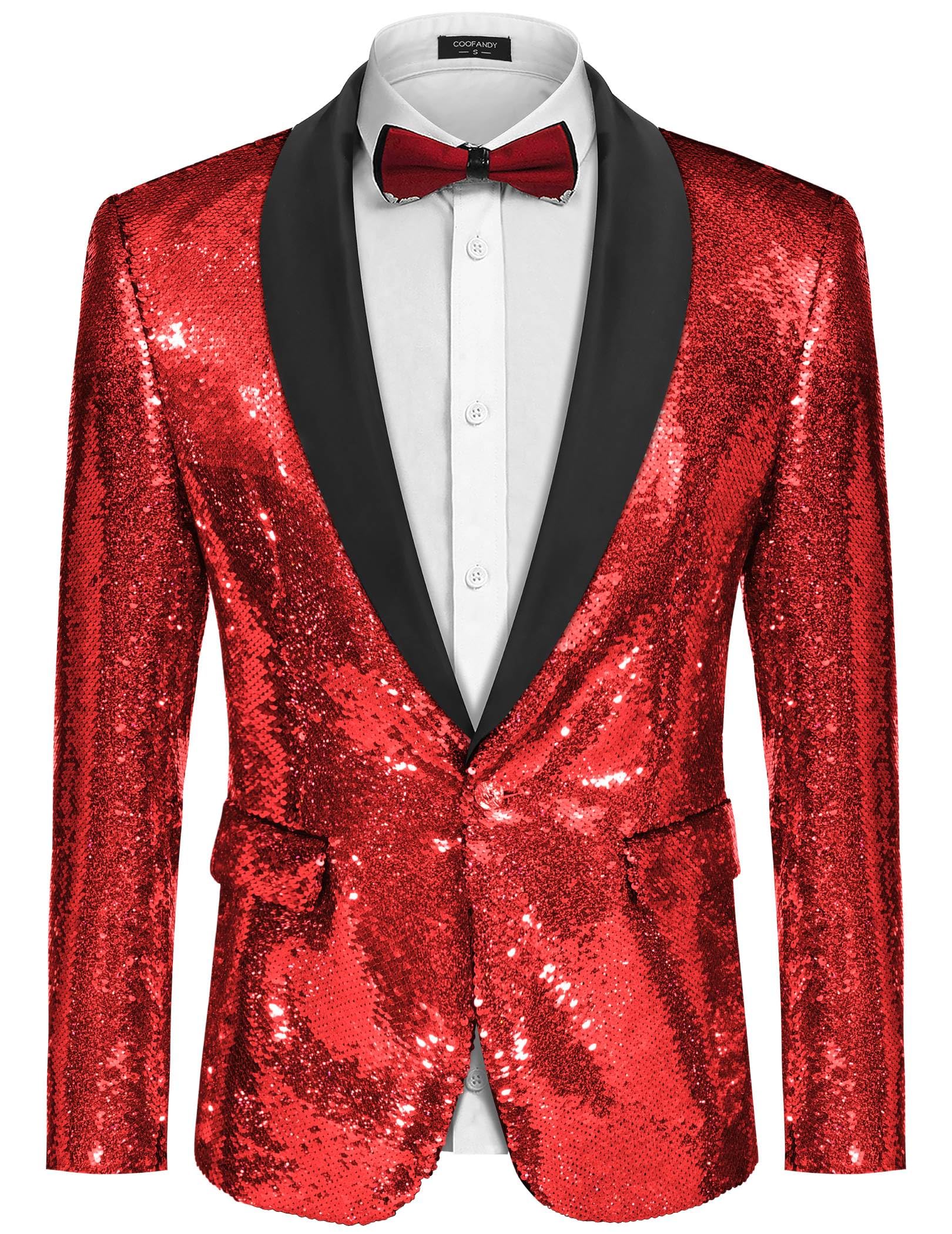 COOFANDY Shiny Sequins Suit Jacket Blazer One Button Tuxedo Christmas Nightclub Red