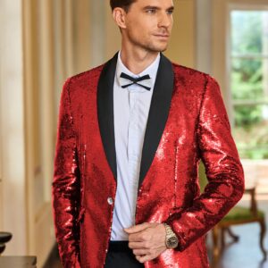 COOFANDY Shiny Sequins Suit Jacket Blazer One Button Tuxedo Christmas Nightclub Red