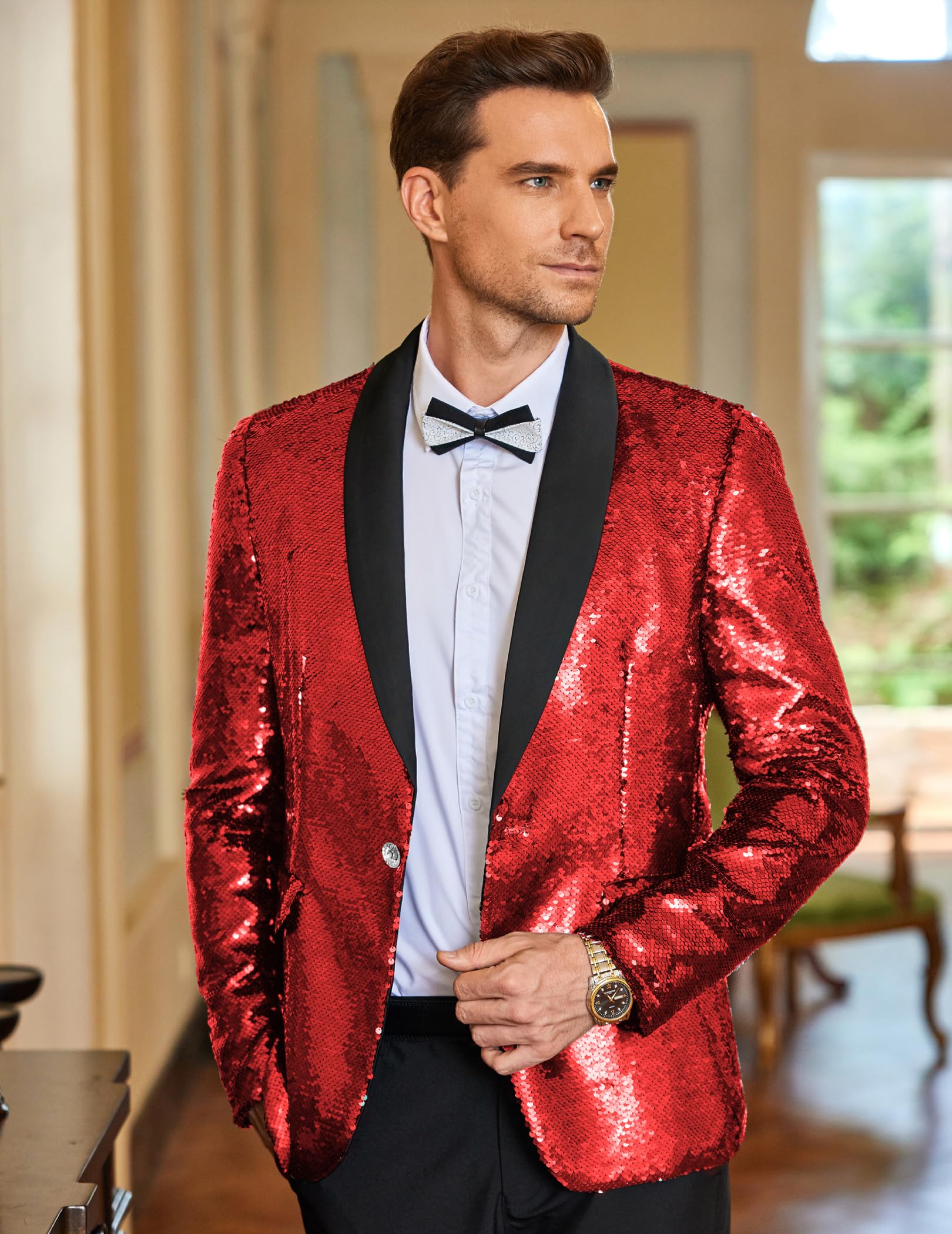 COOFANDY Shiny Sequins Suit Jacket Blazer One Button Tuxedo Christmas Nightclub Red