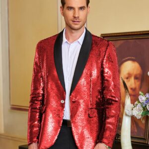 COOFANDY Shiny Sequins Suit Jacket Blazer One Button Tuxedo Christmas Nightclub Red