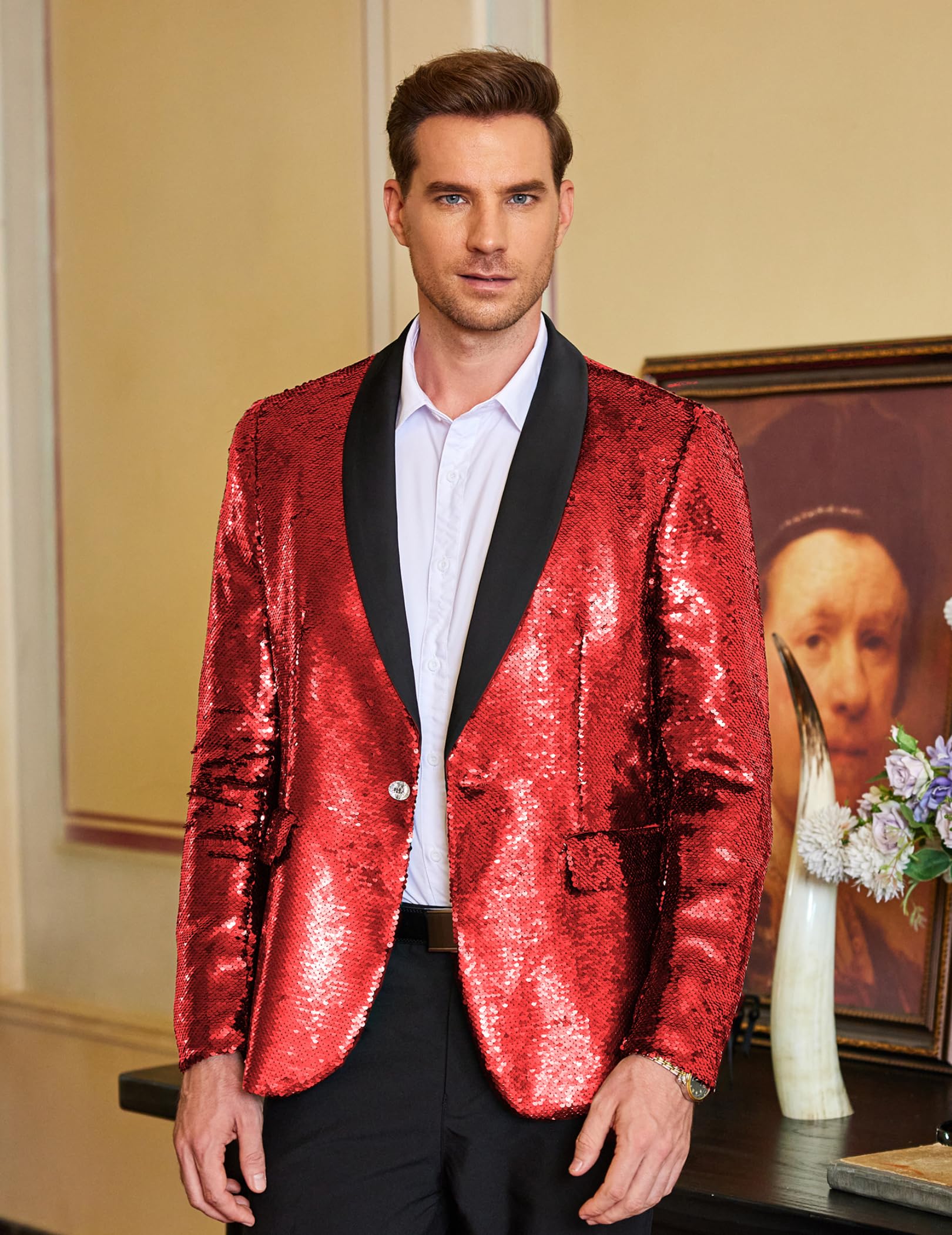 COOFANDY Shiny Sequins Suit Jacket Blazer One Button Tuxedo Christmas Nightclub Red