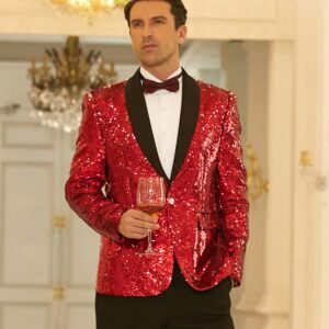 COOFANDY Shiny Sequins Suit Jacket Blazer One Button Tuxedo Christmas Nightclub Red