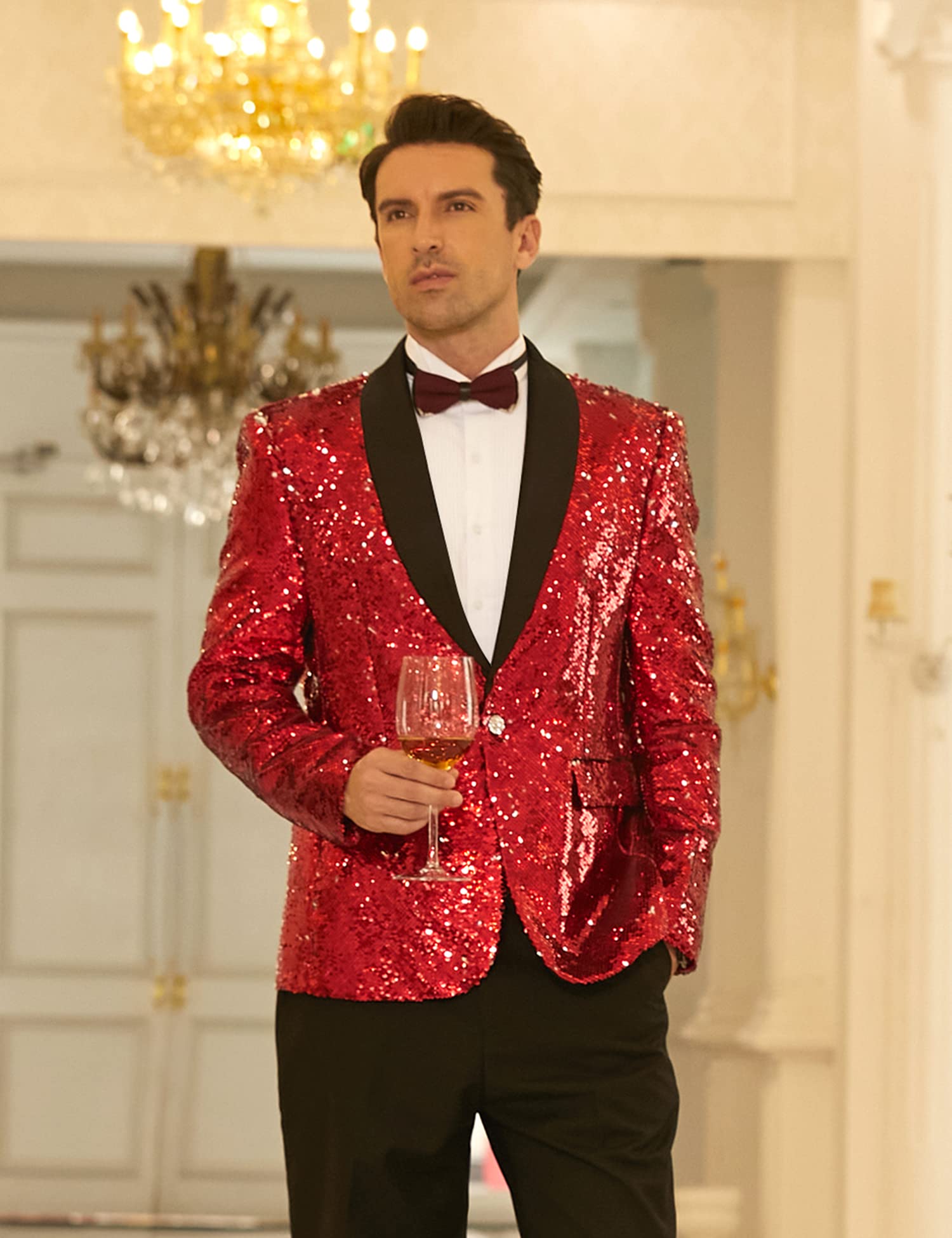 COOFANDY Shiny Sequins Suit Jacket Blazer One Button Tuxedo Christmas Nightclub Red