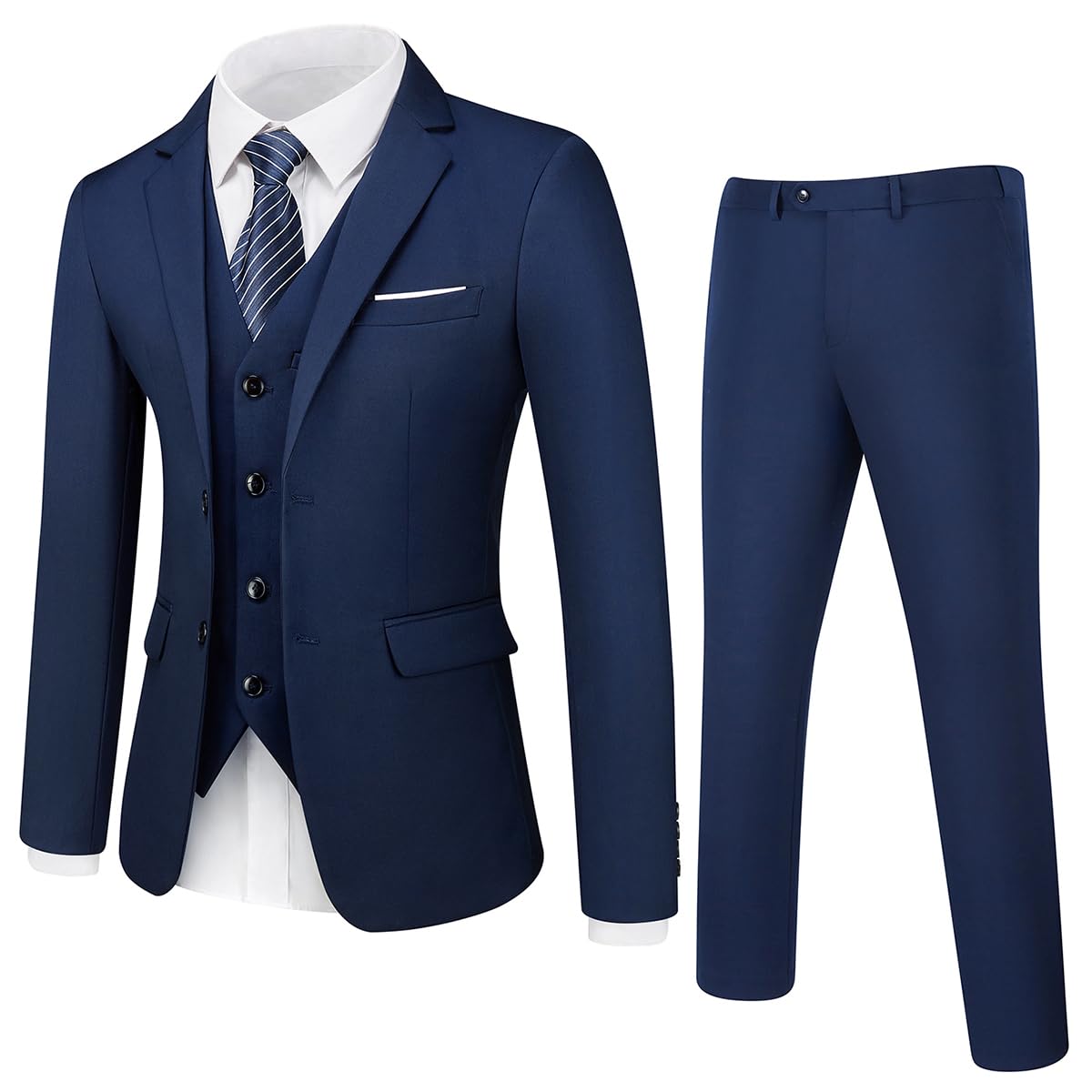 Tuxedo for Men 3 Piece Suit Men Slim Fit Mens Tuxedo Suit Set Formal Wedding Suit for Men Two Button Blazer Jacket Vest & Trousers Tux for Casual Navy Blue 3XL