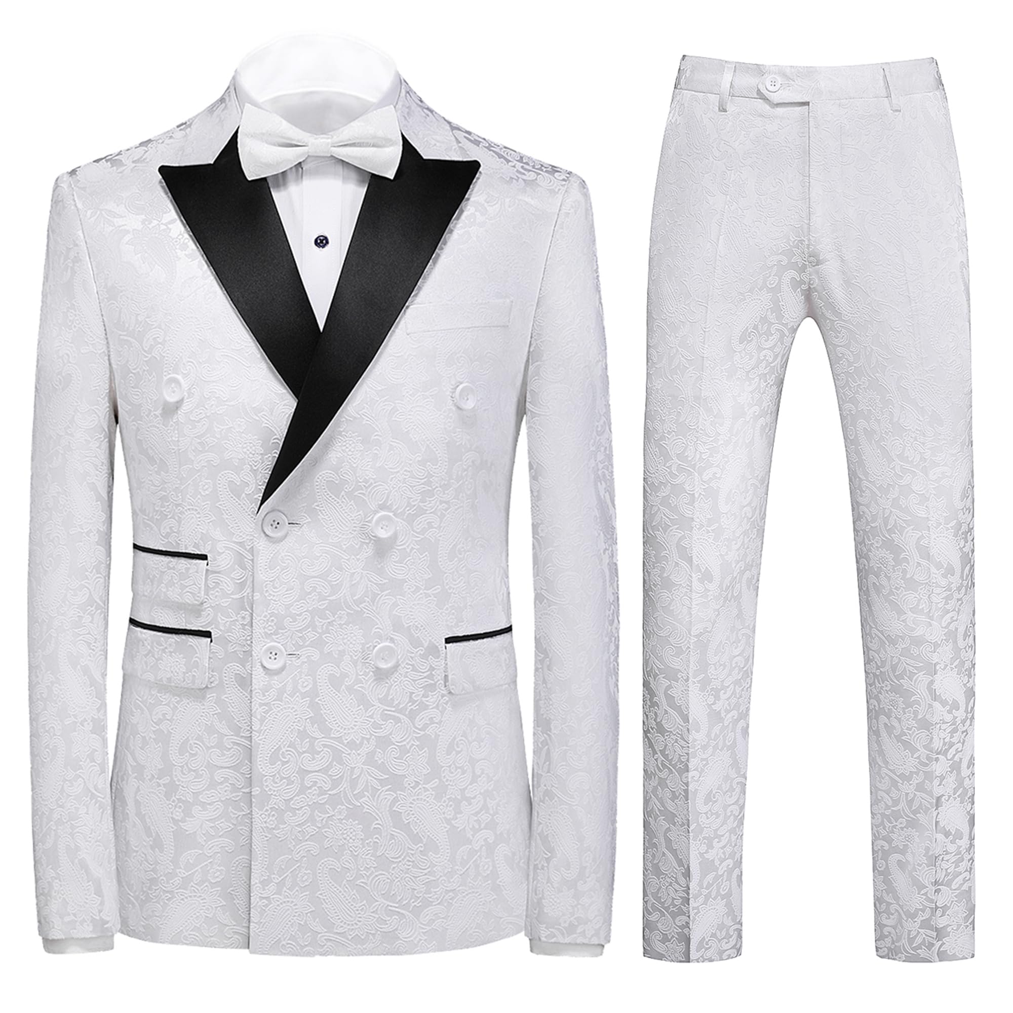 Mens Suit 3 Piece Floral Tux Double Breasted Blazer Vest Pants Set US Size 32 White