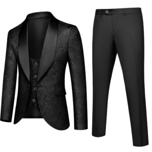 uninukoo mens floral suits 3 piece tuxedo suit slim fit jacquard tux suit set shawl lapel for wedding prom suit us size m black