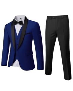 mrsure men's 3 piece slim fit suit, one button shawl lapel tuxedo, premium dinner jacket vest pants & tie set royal blue