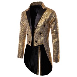 mens sequin tuxedo tailcoat swallowtail suit jacket dinner party wedding blazer slim fit show tux dress coat (gold, s)