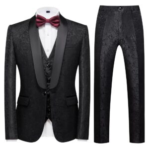 kudoro mens suits slim fit 3 piece black tuxedo suit set for prom wedding party paisley jacket vest pants homecoming outfit