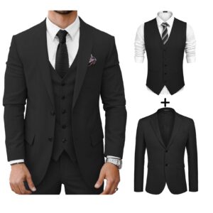 COOFANDY Men's 2 Piece Suit Slim Fit Two Button Blazer Jacket Business Wedding Prom Tuxedo Vest Set Black