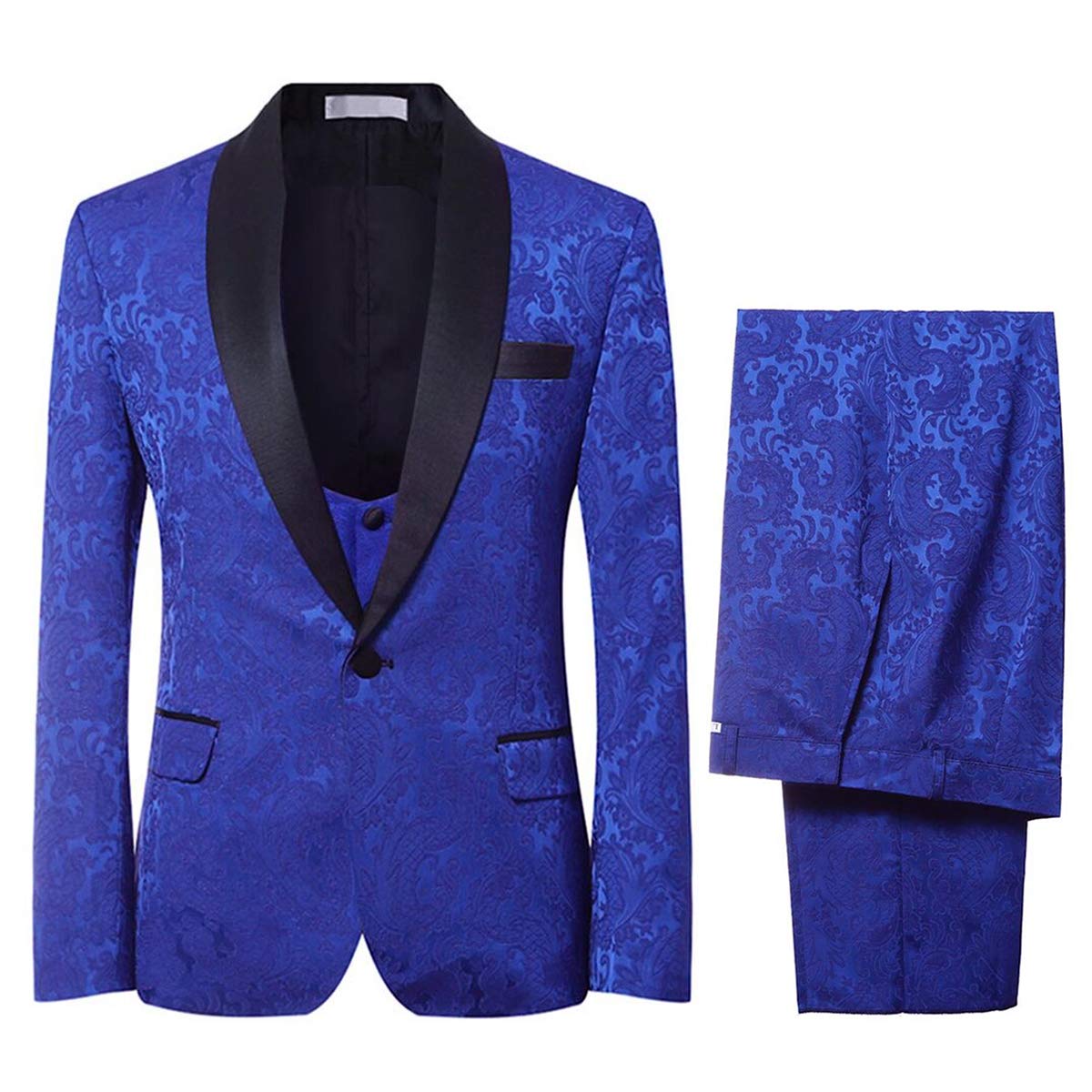 YFFUSHI Mens Elegant Jacquard 3 Piece Suit Slim Fit Royal Blue Tuxedo,Blue,XX-Large