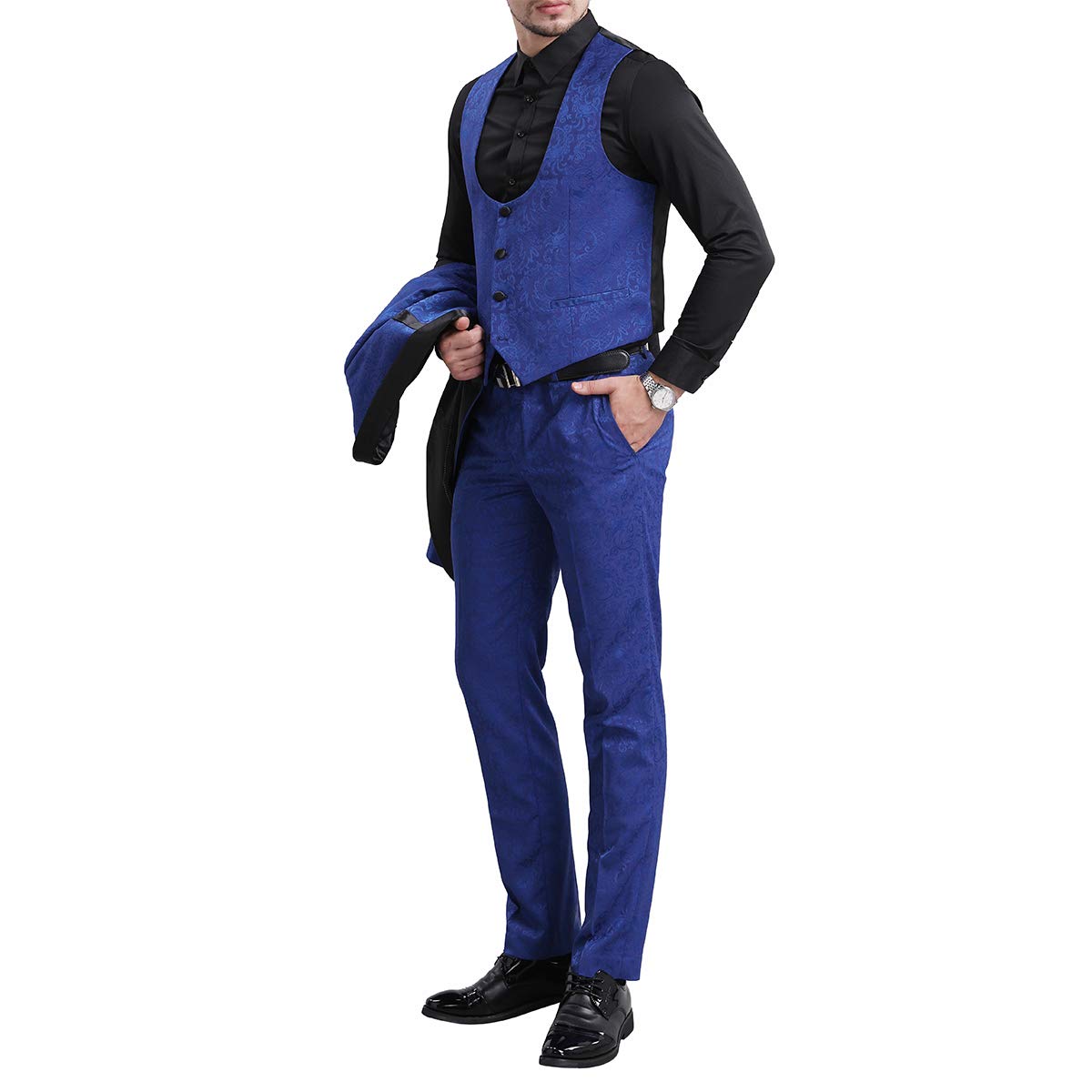 YFFUSHI Mens Elegant Jacquard 3 Piece Suit Slim Fit Royal Blue Tuxedo,Blue,XX-Large