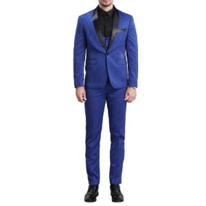 YFFUSHI Mens Elegant Jacquard 3 Piece Suit Slim Fit Royal Blue Tuxedo,Blue,XX-Large