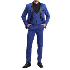 YFFUSHI Mens Elegant Jacquard 3 Piece Suit Slim Fit Royal Blue Tuxedo,Blue,XX-Large