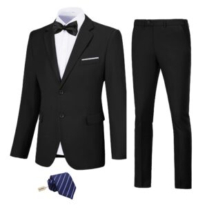 men's suit slim fit, 2 piece black suits for men, solid jacket pants with tie, prom wedding homecoming tuxedo set xs