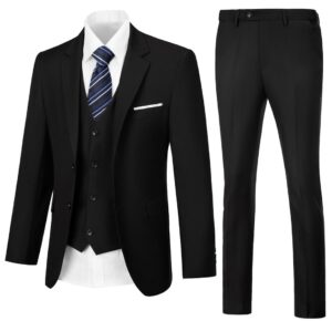 mens 3 piece suit set,slim fit suits for men,solid jacket,vest,pants tuxedo black m