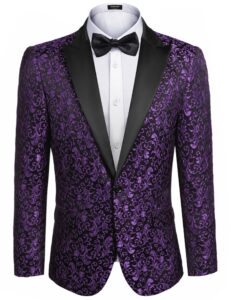 coofandy men's floral party dress suit stylish dinner jacket wedding blazer one button tuxdeo, purple, us m(chest 44.9")