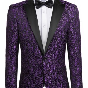 COOFANDY Men's Floral Party Dress Suit Stylish Dinner Jacket Wedding Blazer One Button Tuxdeo, Purple, US M(Chest 44.9")