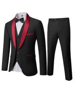 ynd men's 3 piece slim fit tuxedo suit set, one button shawl collar solid business blazer jacket vest pants with bow tie, maroon collar black