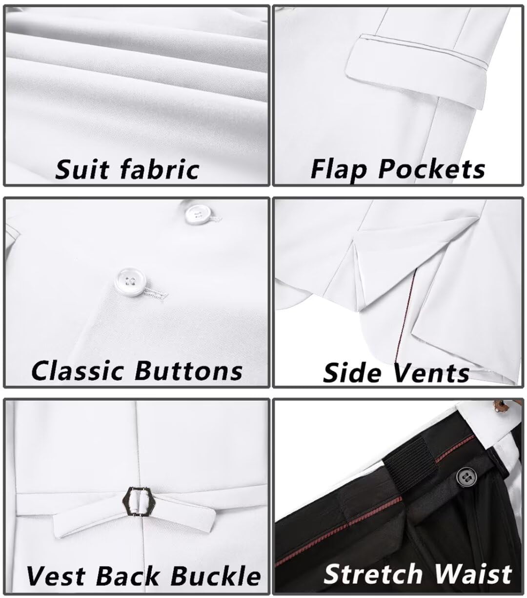 Suit for Men Two Button Slim Fit 3 Piece Mens Suit Wedding Prom Suits Blazer Tux Vest & Trousers White M