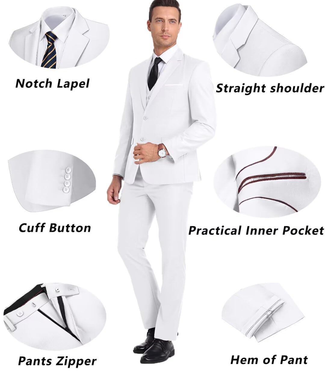 Suit for Men Two Button Slim Fit 3 Piece Mens Suit Wedding Prom Suits Blazer Tux Vest & Trousers White M