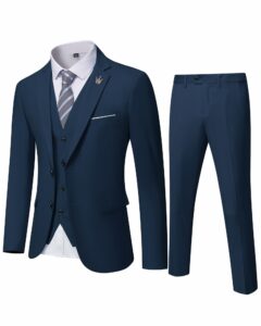 my's men's 3 piece slim fit suit set, 2 button blazer jacket vest pants with tie, solid wedding dress tux and trousers deep blue