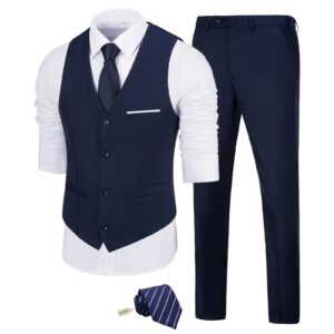 men's 2 piece suit slim fit wedding groomsmen suits vest pants set casual business tux waistcoat and trousers navy blue xxl