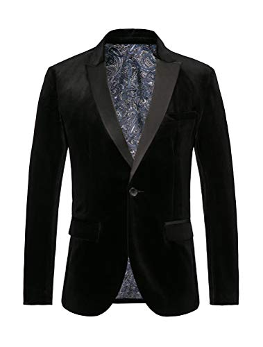 THWEI Mens Velvet Blazer Slim Fit Suit Jacket One Button Tuxedo Blazer Wedding Prom Dinner Black M