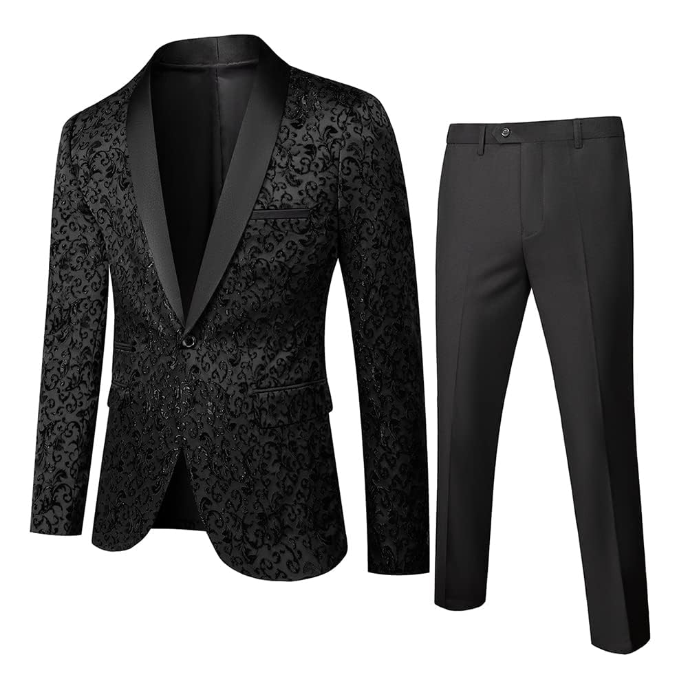 Mens 2 Piece Floral Jacquard Dress Suit Set 1 Button Print Dinner Jacket Pants Black