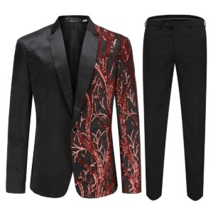 cloudstyle mens 2-piece suit casual 1 button slim fit prom suit stylish sequin dinner tux black - red