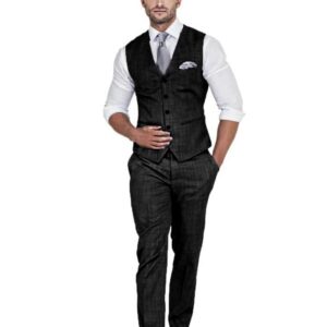 Qiatuu Mens 2 Piece Linen Suit Casual Slim Fit Suits for Summer Beach Wedding Retro Prom Tux Suits Linen Vest and Pant Black-L