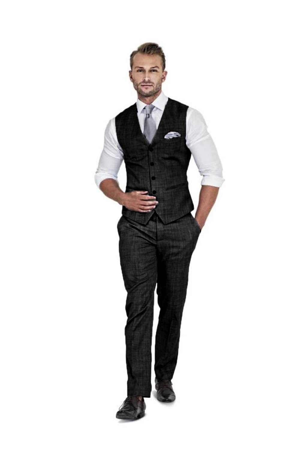 Qiatuu Mens 2 Piece Linen Suit Casual Slim Fit Suits for Summer Beach Wedding Retro Prom Tux Suits Linen Vest and Pant Black-L