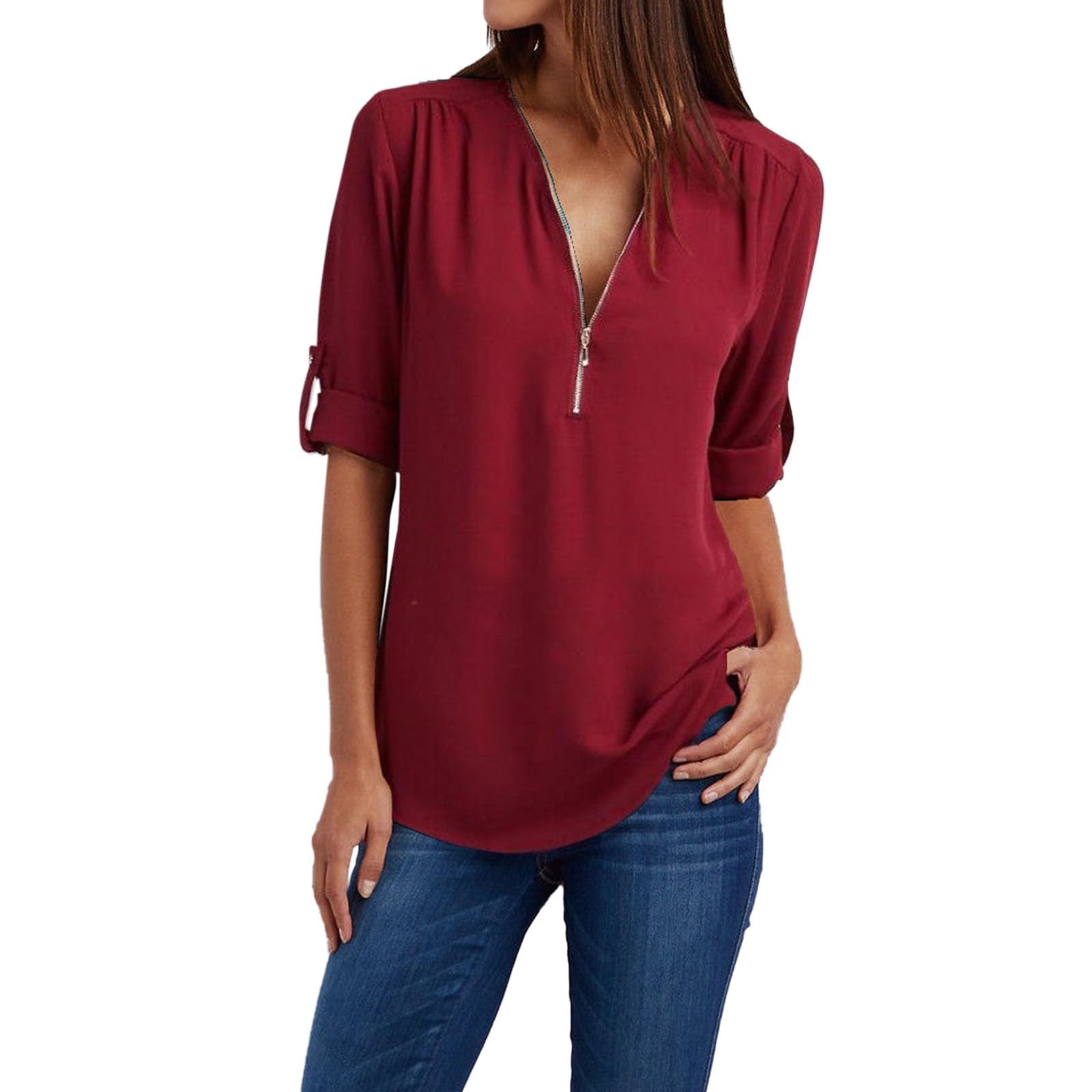 Button Women Ladies Clothing Loose Shirt Chiffon Zipper Long Sleeves Plus Size Tops Womens Tee (A1-Wine, XXXL)