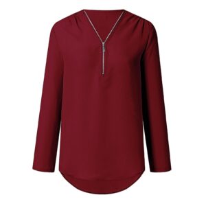 Button Women Ladies Clothing Loose Shirt Chiffon Zipper Long Sleeves Plus Size Tops Womens Tee (A1-Wine, XXXL)