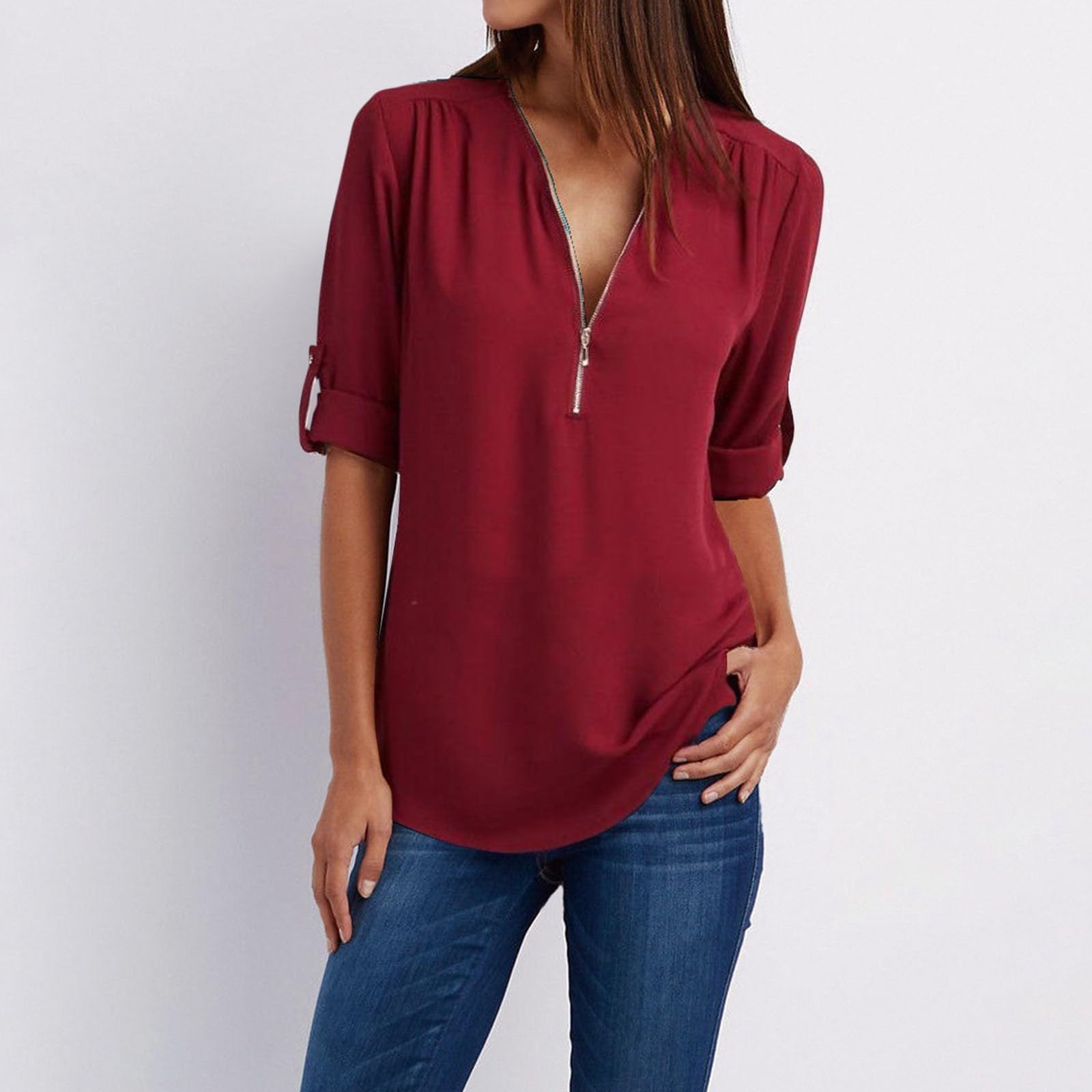 Button Women Ladies Clothing Loose Shirt Chiffon Zipper Long Sleeves Plus Size Tops Womens Tee (A1-Wine, XXXL)