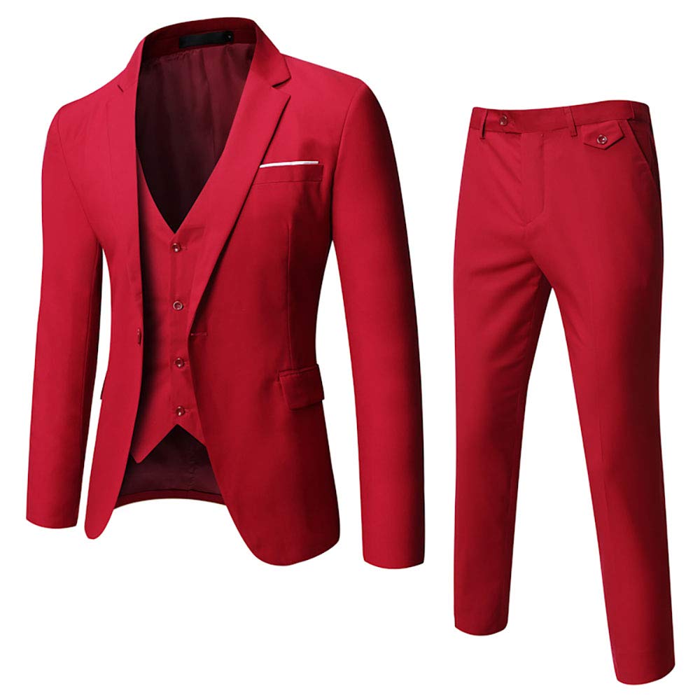 WULFUL Men’s Suit Slim Fit One Button 3-Piece Suit Blazer Dress Business Wedding Party Jacket Vest & Pants Wine Red