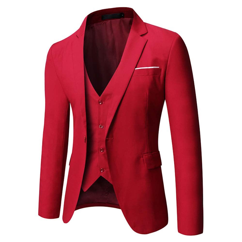 WULFUL Men’s Suit Slim Fit One Button 3-Piece Suit Blazer Dress Business Wedding Party Jacket Vest & Pants Wine Red