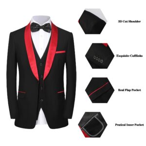 LiveZou Black and Red Suits for Men Classic Fit Tuxedo Blazer Vest Pants Set 3 Pieces Groom Groomsmen Wedding Prom Dress Suit Size XS