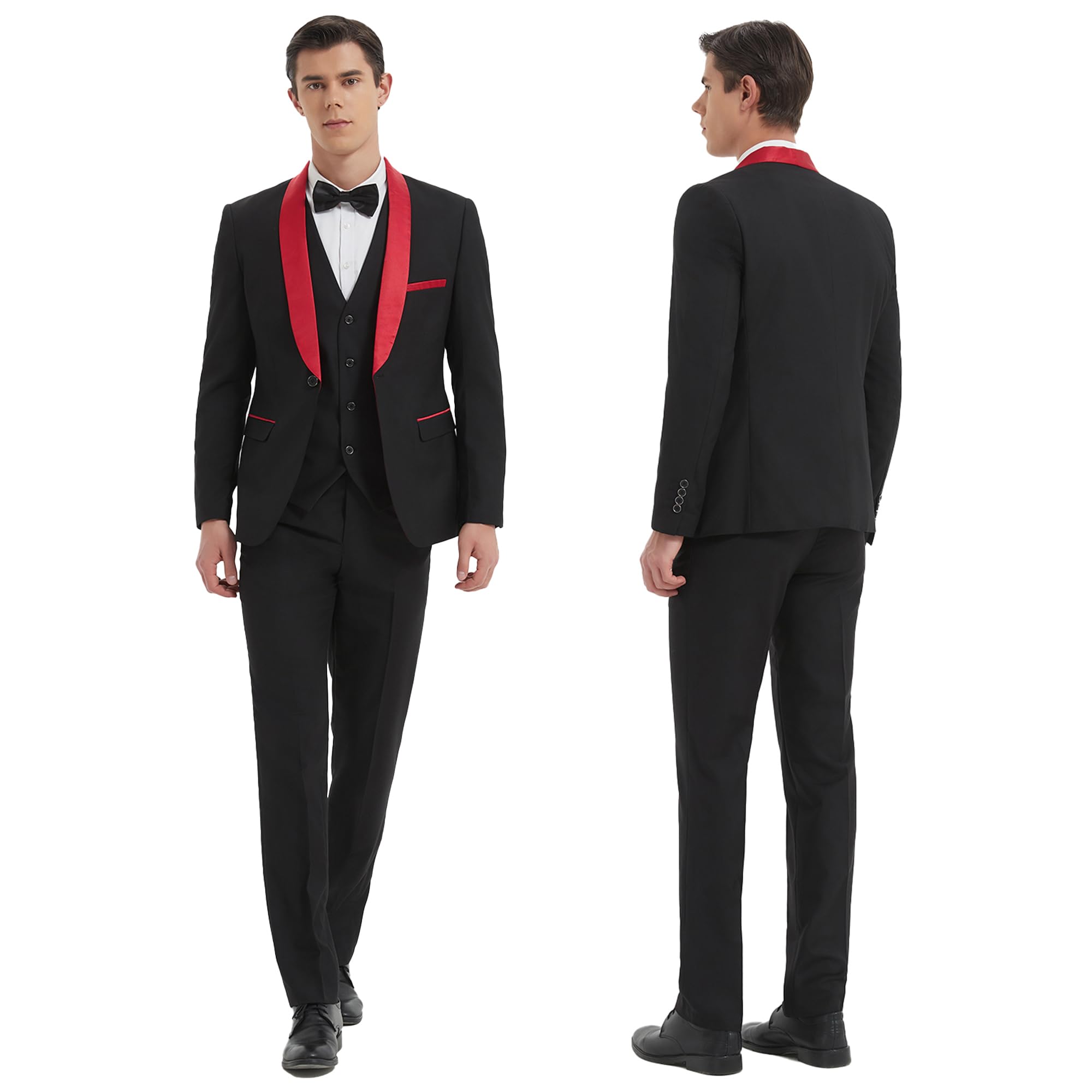 LiveZou Black and Red Suits for Men Classic Fit Tuxedo Blazer Vest Pants Set 3 Pieces Groom Groomsmen Wedding Prom Dress Suit Size XS